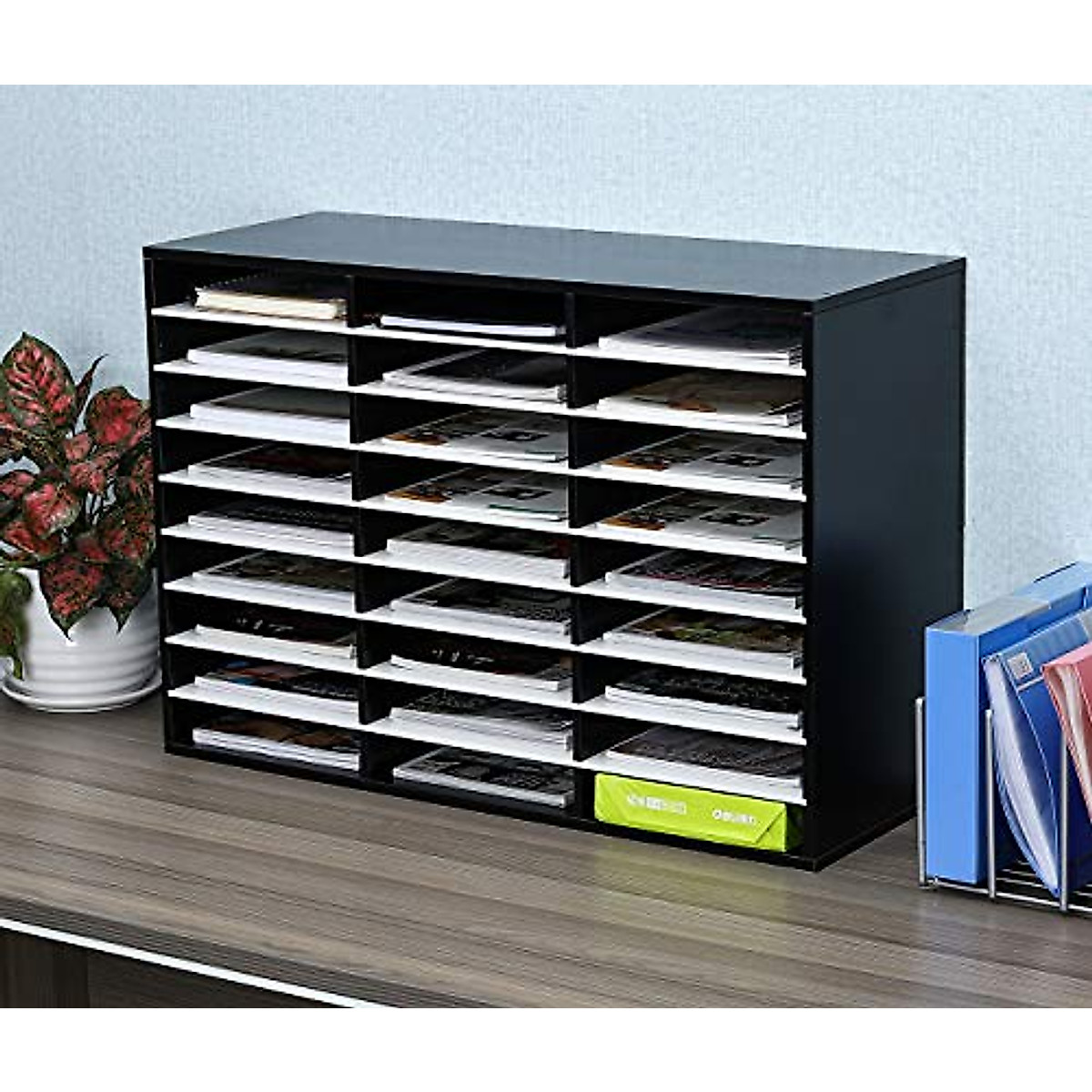PAG Wood Literature Organizer Office Home File Sorter Mail Center Paper Storage Holder Classroom Keepers Mailbox, 27 Slots Compartment, Black&White
