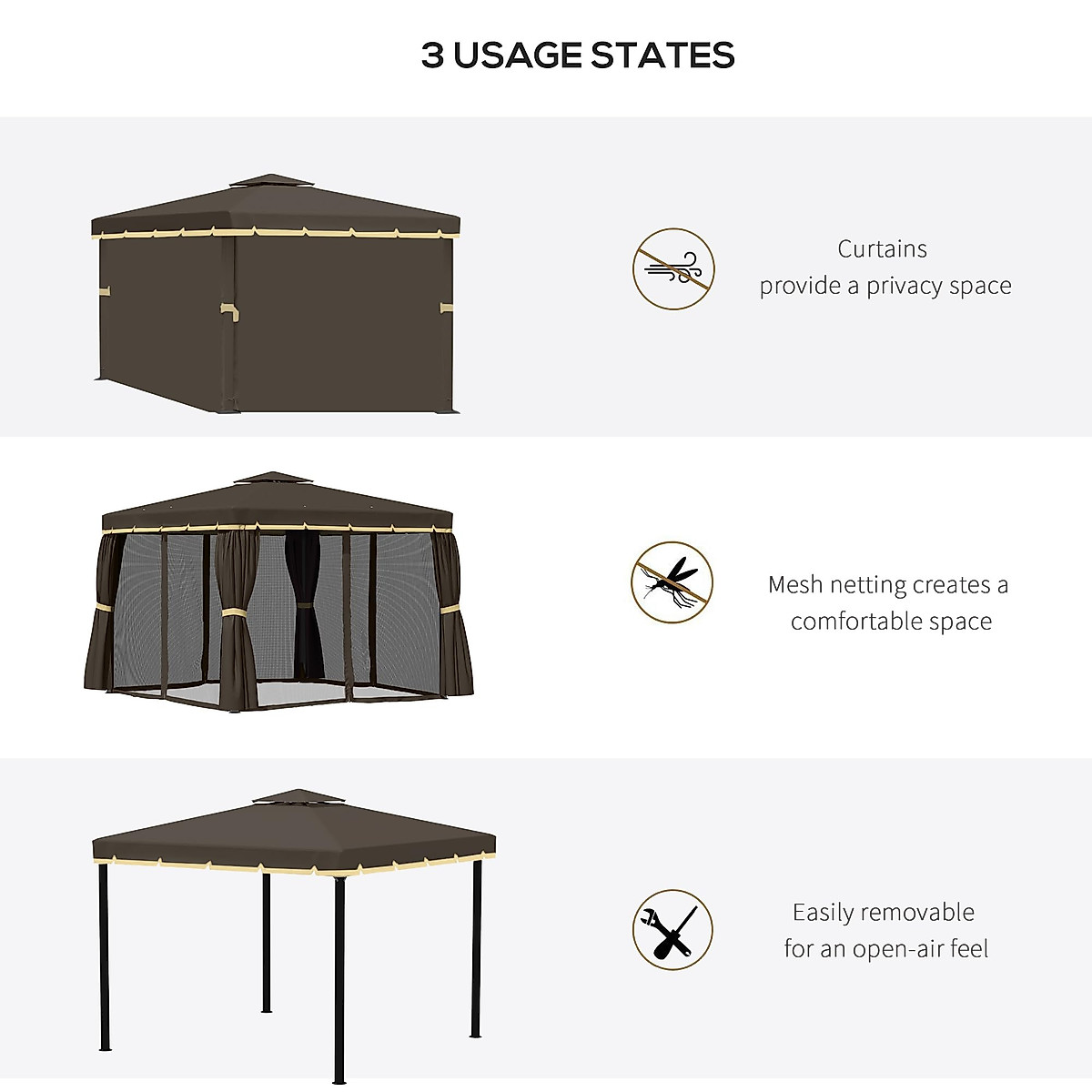 Outsunny 10' x 10' Patio Gazebo, Aluminum Frame Double Roof Outdoor Gazebo Canopy Shelter with Netting & Curtains, for Garden, Lawn, Backyard and Deck, Coffee