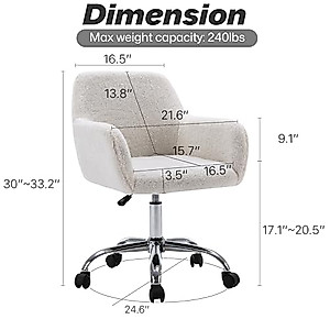 KCC Faux Fur Vanity Makeup Desk Chair, Comfy Fluffy Swivel Modern Leisure Armchair with Wheels, Upholstered Fuzzy Height Adjustable for Teens Women Girls Elegant Home Office