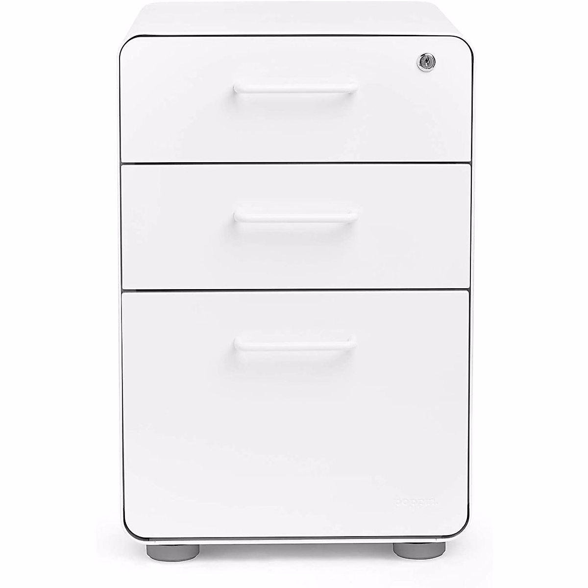 Poppin Stow 3-Drawer Rolling File Cabinet - White. 2 Utility Drawers and 1 Hanging File Drawer. Two Locking and Two Non-Locking Wheels. Powder-Coated Steel. Two Keys Included