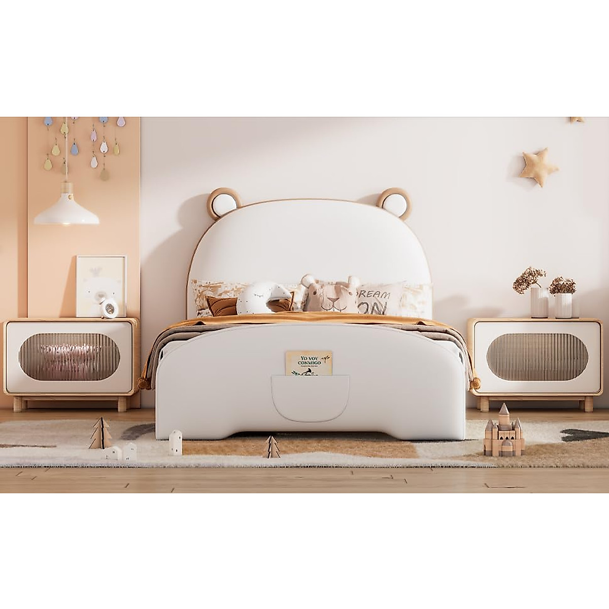 Twin Size Upholstered Platform Bed with Bear-Shaped Headboard and Footboard,Pu Leather Upholstered Platform Bed Frame,Wooden Slats Support, for Kids Teens Boys Girls (White-3)