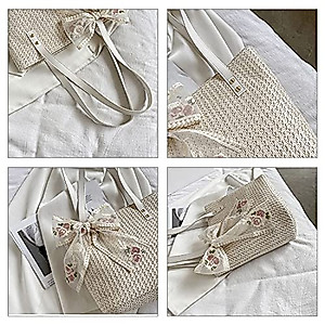 QTKJ Women Large Straw Beach Tote Bag Summer Hand-woven Bags Shoulder Bag Leather Handle Beach Handbags with Cute Lace Bow Small (White)
