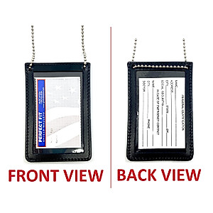 Neck Chain Double Sided ID Holder with 2 Clear Picture ID Windows, Leather Badge for Credential Pass to Wear Around The Neck for Police Law Enforcement, Business, Factory Worker (Black) (Vertical)