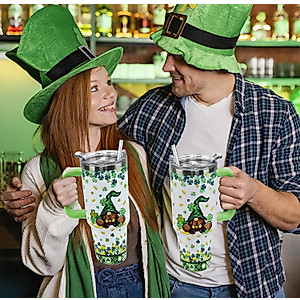 Nqhsionv St Patricks Day Tumbler with Handle 40 oz Lucky Gnomes Shamrock Coffee Travel Mug Stainless Steel Insulated Cup Irish Saint Patricks Decor Gifts