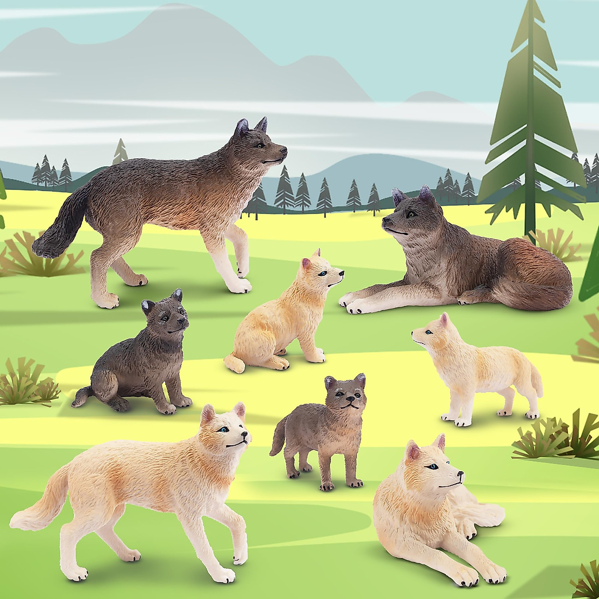Toymany 8PCS Wolf Figures Forest Animals Toy Figurines - Realistic Jungle Zoo Animal Figurines，Educational Toy Cake Toppers Christmas Birthday Gift for Kids Boys Girls