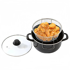 Deep fryer pot With Basket 4Quarts Enamel Stock Pot With Lid Sauce Pot Deep Fryer Pot Suitable Frying Fries,fish Cooking Soup Glass Glaze Easy to Clean High temperature resistance of 900 ° F