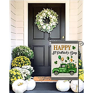 EKOREST Happy St Patrick's Day Garden Flag 12x18 Inch Vertical Double Sided,Buffalo Plaid Truck with Shamrock Balloons Small St. Patricks Day Yard Flag for Outdoor Farmhouse Holiday Outside Decoration