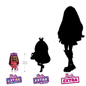 Barbie Extra Mini Minis Doll with Burgundy Hair, Red Ruffle Dress, Sunglasses & Accessories & Stand, 3.25-inch