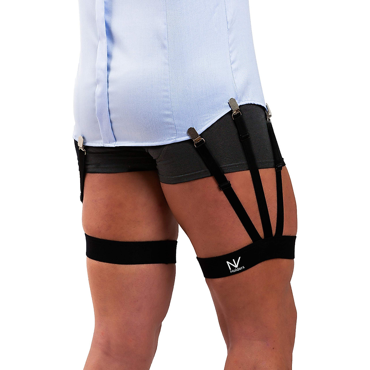 NV Holders Improved 2.0, with improved clasps; premium shirt stays, shirt holders, shirt garters, shirt tuckers for men (Black, Medium (21.5-23.5 inches on thigh's thickest part))