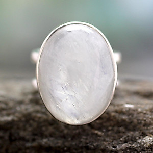 NOVICA Artisan Handmade Rainbow Moonstone Cocktail Ring Artisan Silver Jewelry Sterling Clear India [crownbezel 0.8 in L x 0.6 in W x 0.4 in H Band Width 9 mm W] ' Radiant Light'