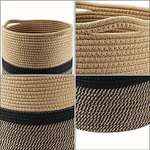 Oaixuilhy Cotton Rope Woven Storage Basket with Handles Cotton Blanket Organizer Laundry Basket Empty Gift Basket for Planter Shelf Desk Home Decor (12 x 12 Inches, Jute & Black)