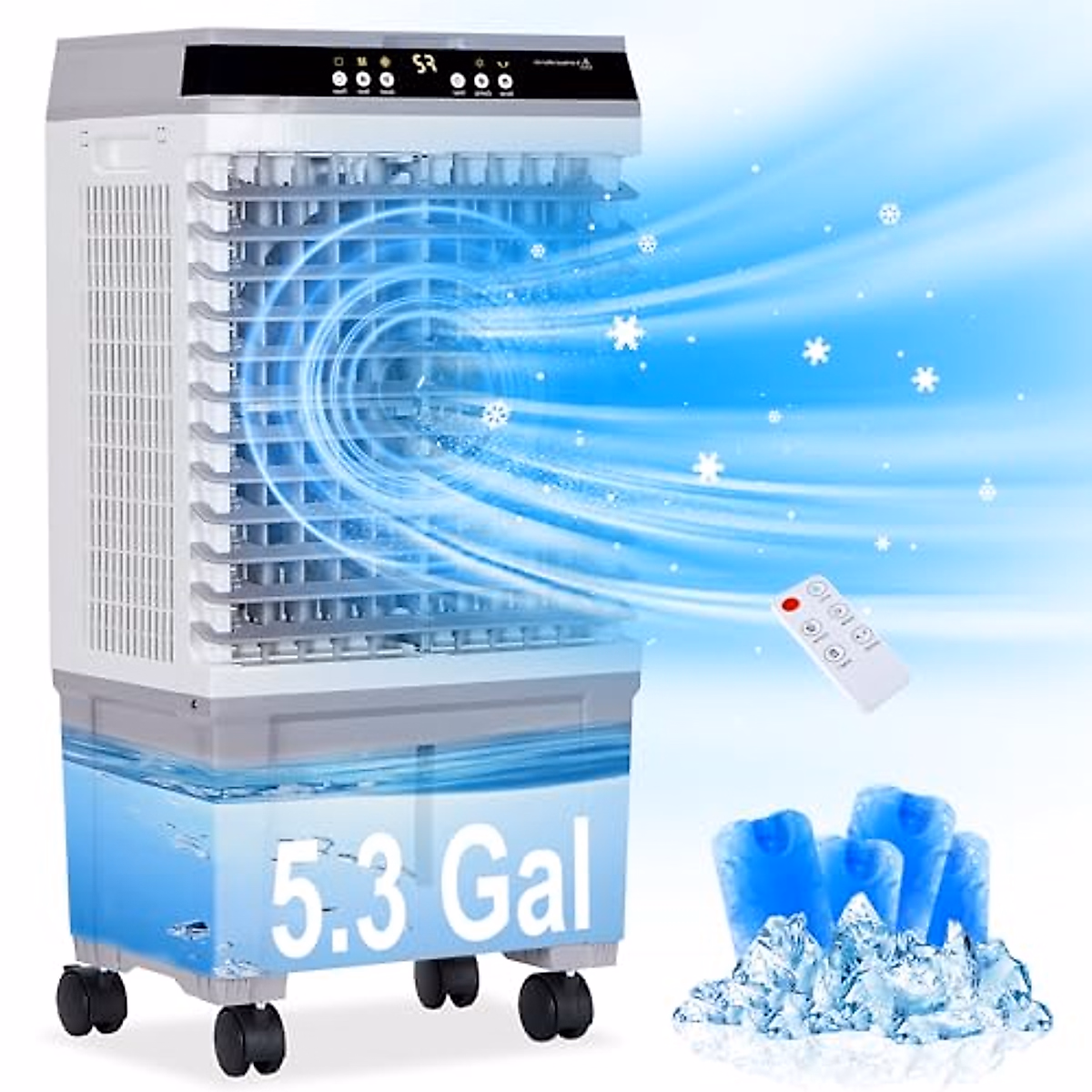 Uthfy Evaporative Air Cooler, Swamp Cooler with 5.3 Gallon Water Tank, 4 Ice Box, Remote, 12H Timer, 110°Oscillation, Portable Air Cooler Cooling Fan with 3 Speeds for Bedroom Home Office
