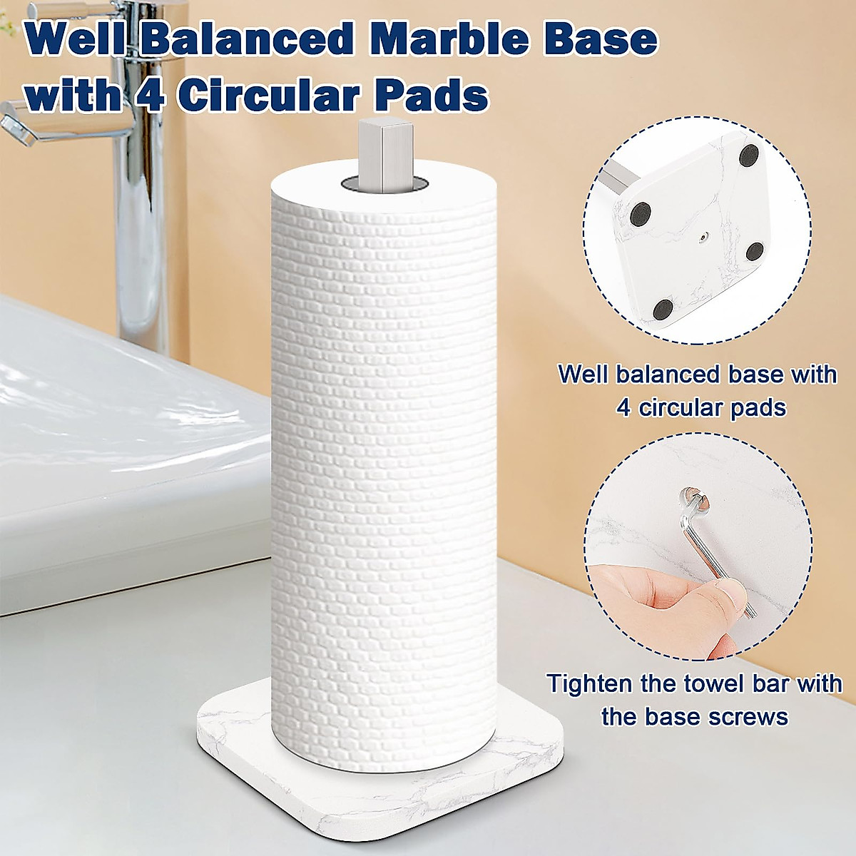 NearMoon Standing Paper Towel Holder, Stainless Steel Square Paper Towel Roll Holder with Marble Base for Bathroom Kitchen Countertop, Standard or Jumbo-Sized Roll Holder (Brushed Gold)
