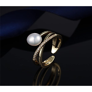 COISE Gold Pearl Rings, Adjustable Rings for Women Girls, AAA+ CZ Stacking Open Rings