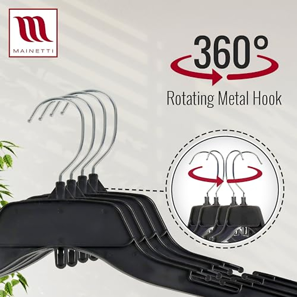Mainetti 484 Recycled Black Plastic Hangers - 200 Pack with Rotating Metal Hook and Notches for Straps, Great for Shirts/Tops/Dresses, 17-Inch