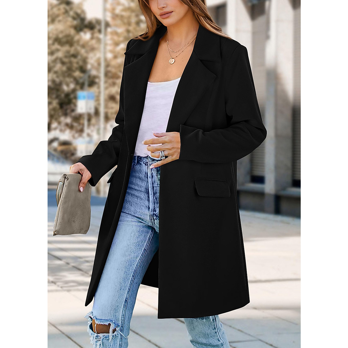 PRETTYGARDEN Women's 2024 Fall Long Blazer Jackets Long Sleeve Lapel Pockets Loose Fit Work Casual Blazers Outerwear (Black,Small)