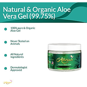 Allurials 100% Pure & Organic Aloe Vera Gel, Clinically tested & Dermatologist approved, Hydrates & Heals Dry & Damaged Skin & Hair- 12 Oz