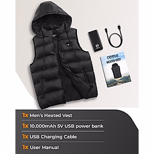 Foxelli Men's Heated Puffer Vest - Lightweight, USB Rechargeable Black Vest for Men, Men’s Winter Outerwear Vest with Battery