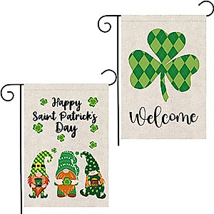 Mocossmy St Patrick's Day Garden Flags, 2 PCS 12.5 X 18 inch Double Sided Irish Gnome Shamrock Welcome Garden Flag Burlap Banner for St Patrick's Day Spring Home Outdoor Yard Lawn Farmhouse Decoration