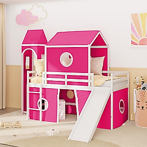 Full Size House Loft Bed Kids Loft Beds with Slide, Tent and Tower, Solid Wood Loft Bed with Small Pinnacle for Kids Girls Boys Teens (Pink)
