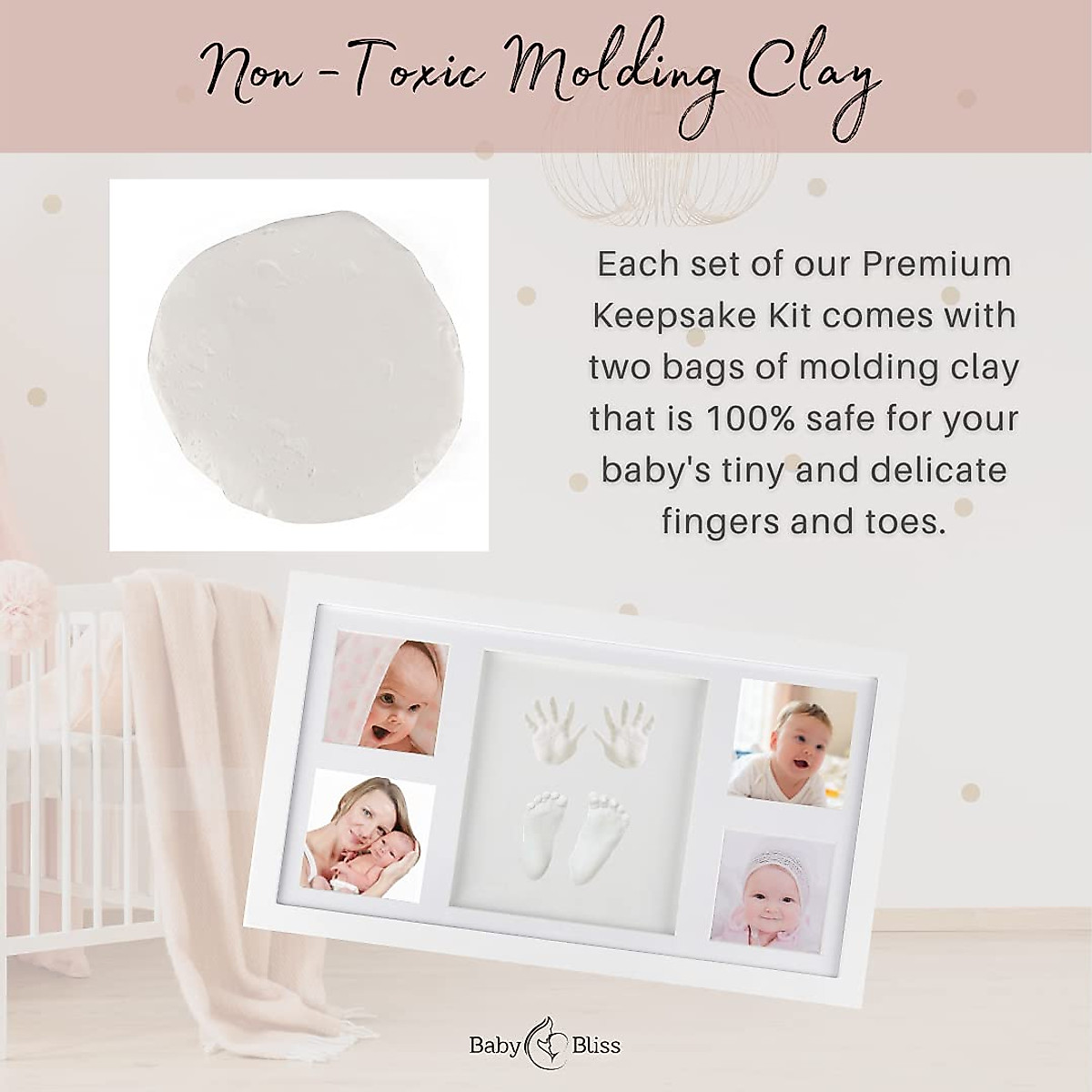 BABY BLISS Baby Hand and Footprint Keepsake Kit - Baby Prints Photo Frame for Newborn Boys and Girls – Nursery Memory Art Kit - Dog and Cat Paw Clay Print Kit for Pet Parents