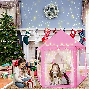 Kid's Play Tent, Ceither Princess Castle Girls Playhouse with Star Lights, 55" x 53" (L x H) Pink Princess Tent Indoor Outdoor for Imagination Interactive Play