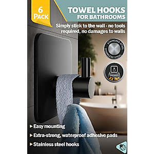 Menz 6-Pack Towel Hooks for bathrooms, Black - Durable Adhesive Hooks, Adhesive Wall Hooks, Adhesive Towel Hooks, Waterproof Stick on Hooks