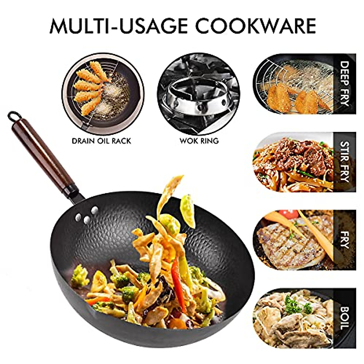 Excegucok Carbon Steel , 13 Pcs Wok Pan with Wooden Lid & Handle Stir-Fry Pans 13in Chinese Wok Flat Bottom Wok with Cookware Accessories Suitabe for all Stoves (Black)…