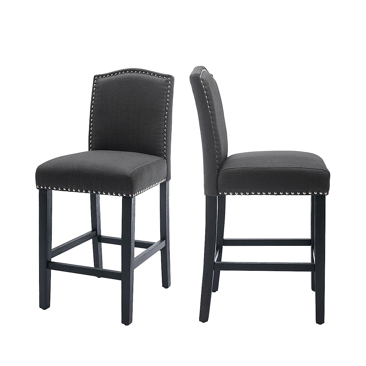 KCC Counter Height Bar Stool 26 Inches Upholstered High Back Barstool with Antique Nail Heads Solid Wood Set of 2 Counter Height Bar Chairs,Gray