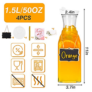 CUCUMI Set of 4 Glass Carafe with Lids, 1.5 Liter Beverage Serveware Carafe, Clear Glass Pitcher for Mimosa Bar, Iced Tea, Cold Beverage, Milk