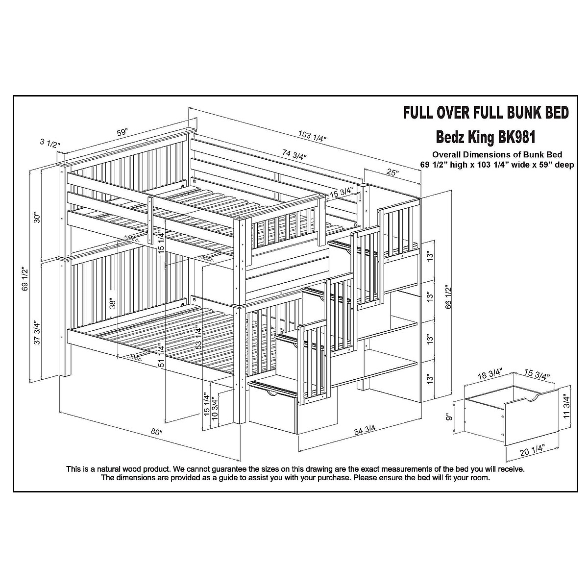 Bedz King Stairway Bunk Beds Full over Full with 4 Drawers in the Steps and a Full Trundle, White
