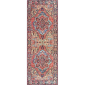 Livabliss Reeta Printed Medallion Runner Area Rug,2'6" x 7'6",Bright Red/Wheat