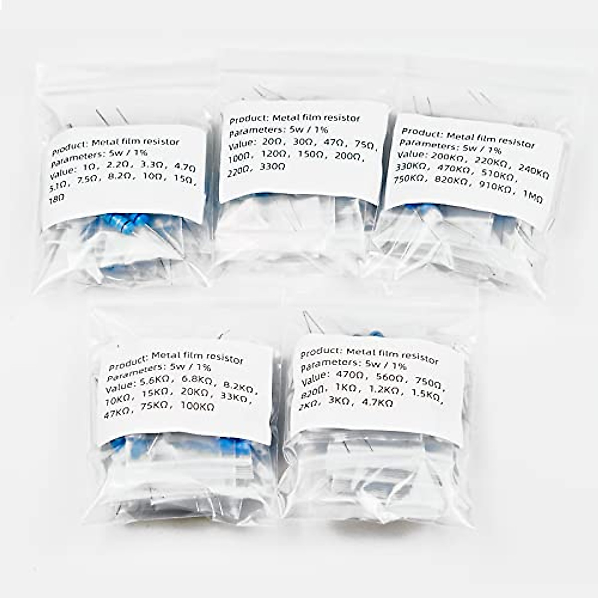 KOKISO 5W 5 Watts 100PCS 50 Value (1 ohm—1M ohm) Metal Film Resistor +/-1% Assorted Kit Assortment