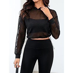 SweatyRocks Women's Activewear Long Sleeve Hollow Out Drawstring Hooded Sweatshirt Sports Crop Top Black M