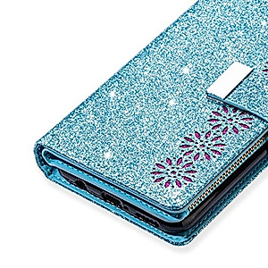 BOYUHII Silicone Protective Case for Phone for Samsung Galaxy A51 Multi-Card Slots Starry Sky Laser Carving Glitter Zipper Horizontal Flip Leather Case with Holder & Wallet & Lanyard ATCYE