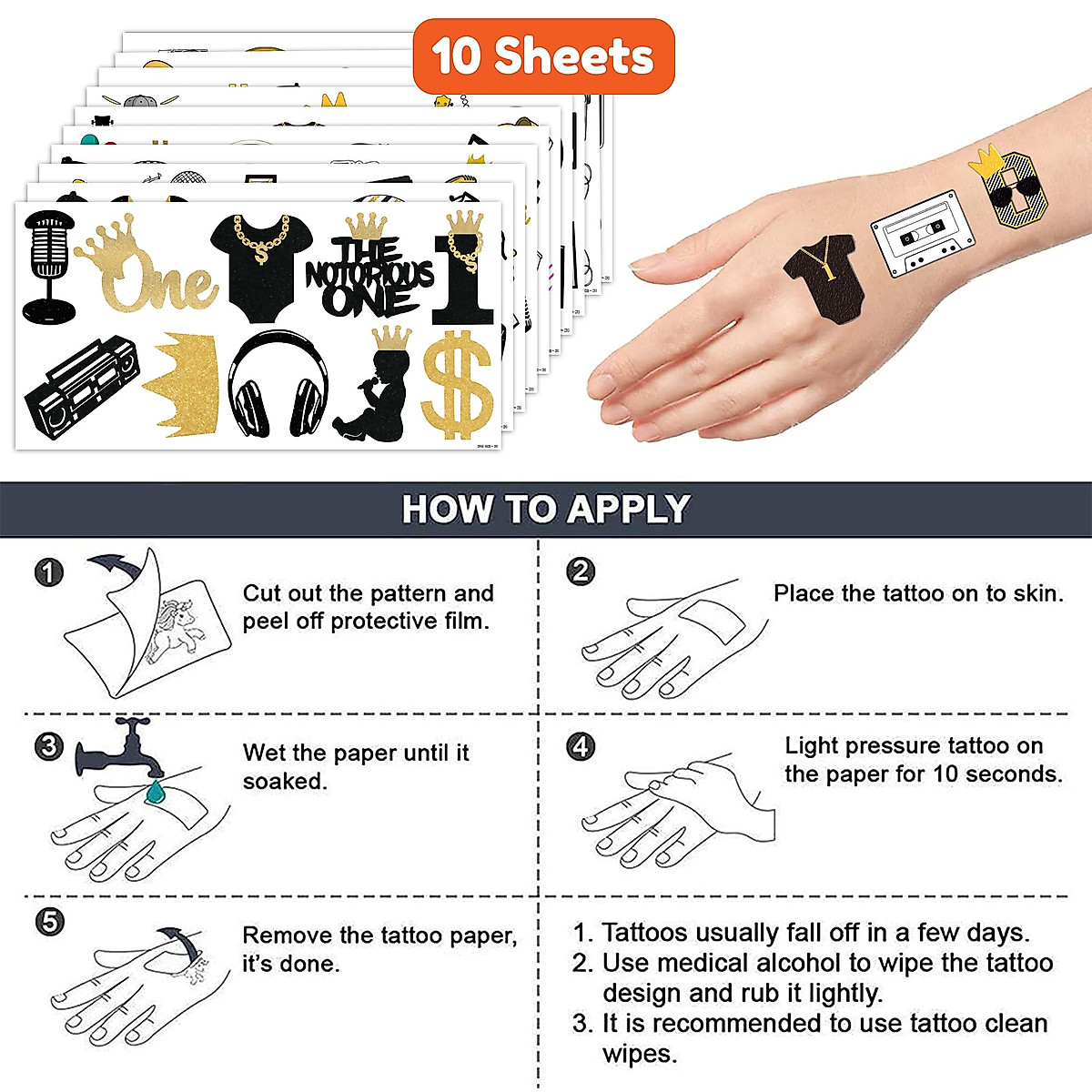 Notorious One Temporary Tattoos Big One Party Decorations Favors Supplies Hip hop Themed Cute Stickers 10 Sheets 100 PCS Gifts for Baby Girls Boys Class School Carnival