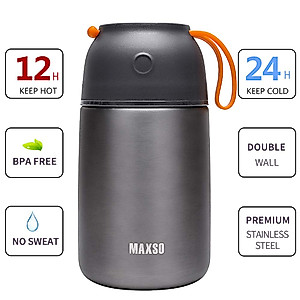 MAXSO 2 Pack Vacuum Insulated Food Jar Hot Food Containers for Lunch School Soup Thermos For Kids,Travel Food Flask Hot Cold (24oz,17oz) (Grey)