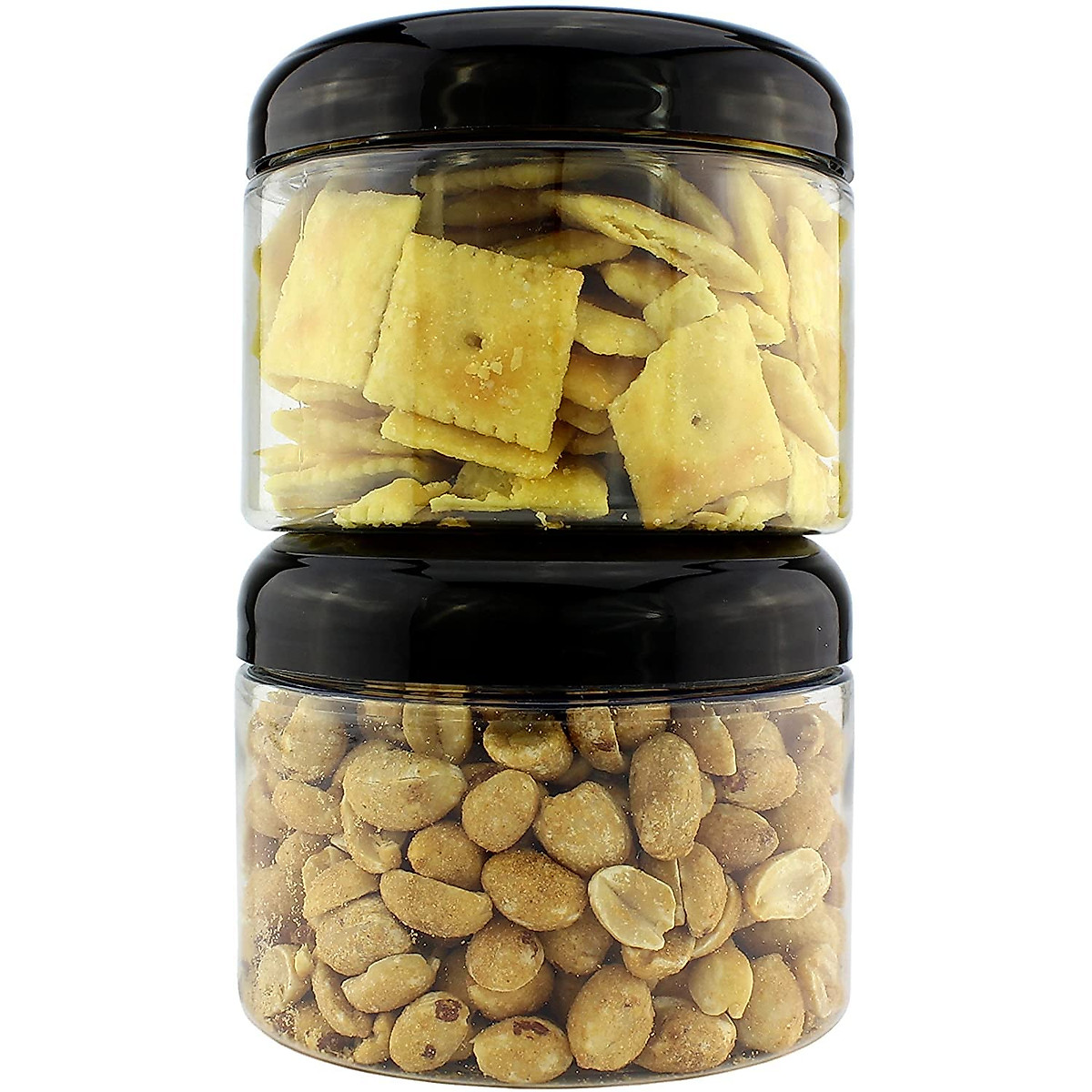 Cornucopia 12 Ounce Clear Plastic Jars w/Black Plastic Lids (6 pack); BPA Free PET Stackable Canisters for Bathroom & Kitchen Storage