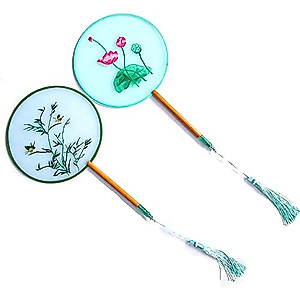 JOCERO Women Dancing Embroidery Flower Handheld Wooden Handle Fan Vintage Translucent Chinese Style Round Silk Fans with Tassels