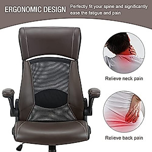 Executive Office Chair, Ergonomic Leather Desk Chair - Widened Adjustable Headrest with Flip-Up Arms, High Back Computer Swivel Task Chair with Lumbar Support for Home Office, Brown (Brown, Large)