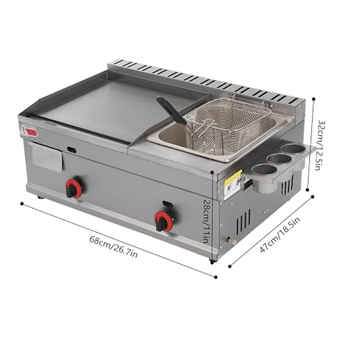 CRYBY Gas Griddle, 6L/1.59Gal Stainless Steel Griddle & Deep Fryer Combo Gas Deep Fryer Gas Grill Griddle with Oil Draining Basket, Lid & 3 Spice Boxes, Commercial Griddle with Fryer for RV, Camping