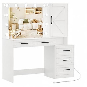 Irontar Makeup Vanity Desk with Charging Station, Farmhouse Makeup Desk with Lights Mirror and Drawers, Vanity Table with Side Cabinet, Dressing Table for Women, White WDT008W