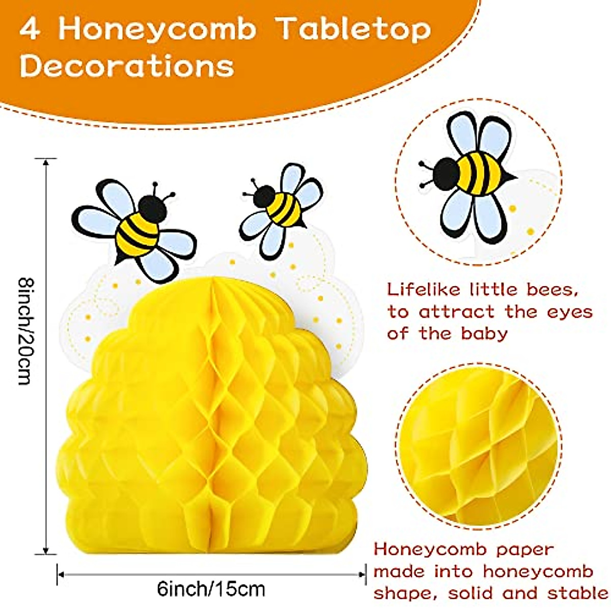 Honey Bee Party Decorations, Bee Baby Centerpieces Honeycomb Decorations with Bee Sunflower Stickers for Bee Themed Party Baby Shower Birthday Table Party Decoration (4 Sets)