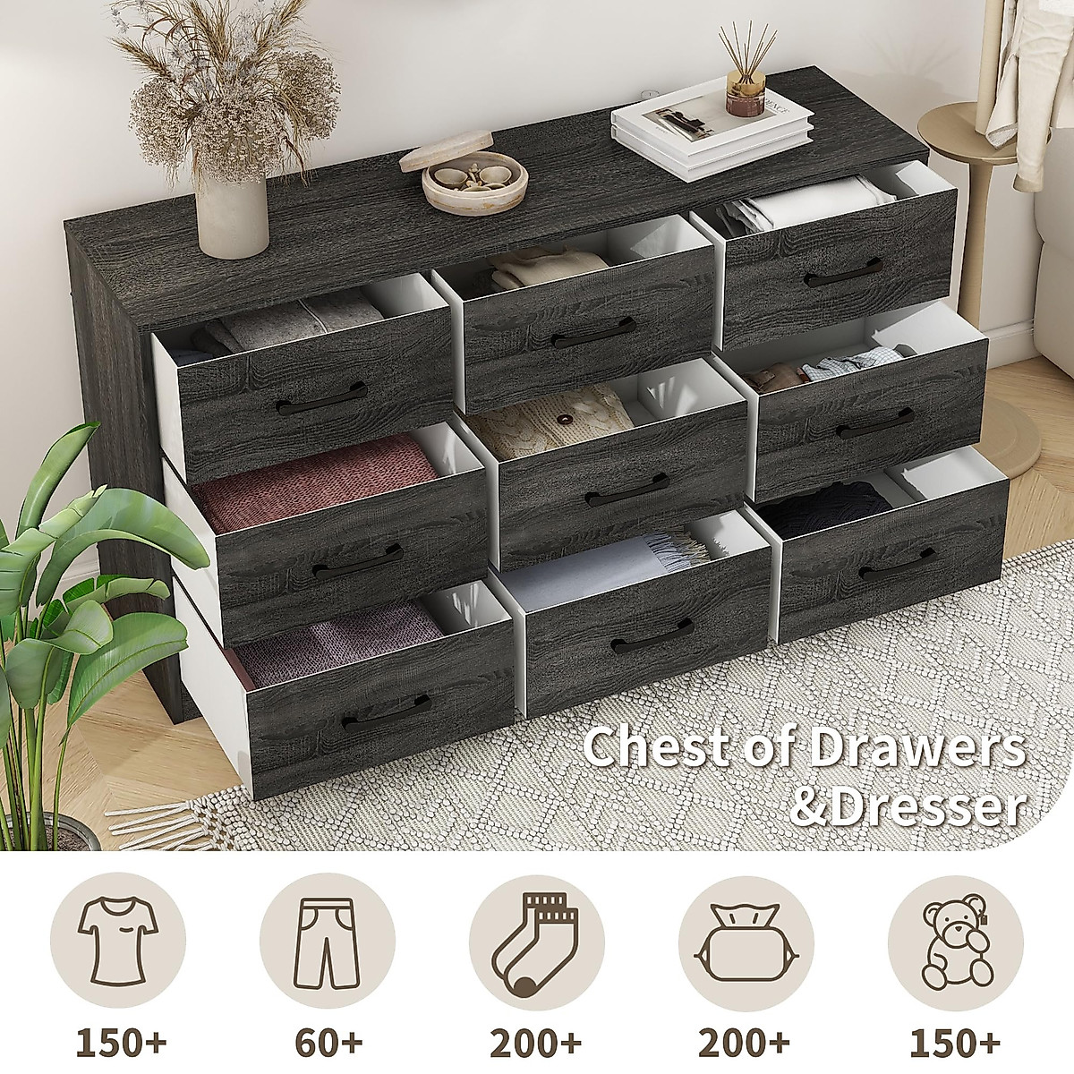 YMBSBUY 6 Drawer Dresser for Bedroom,Wood Chest of Drawers,Black Dresser TV Stand with Steel Frame for Storage and Organization,Large Fabric Dresser for Kids Bedroom,Living Room, Nursery,Closet