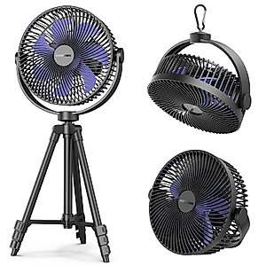 8" Portable Camping Fan, 10000mAh Rechargeable Tripod Fan with Tent Hook, 4 Speeds, 360° Rotation Battery Operated Fan for Outdoor Camping Tent Hurricane