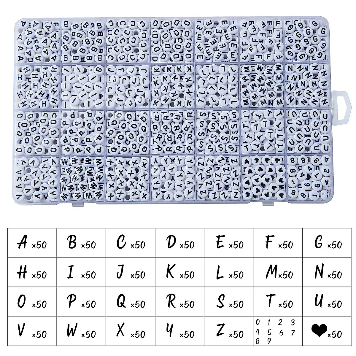 1400pcs Letter Beads, 4x7 mm Acrylic Alphabet Beads, Beads for Jewelry and Bracelet Making, in 28 Grid Box (White and Black)