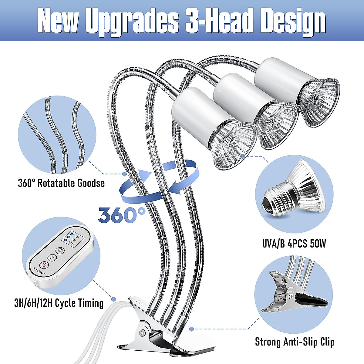 TFNN 2023 Upgrade Reptile Heat Lamp, Three Head Reptile Light with Cycle Timer,UVA UVB light, dimmable Basking lamp for Tortoise, Bearded Dragon, Lizard, Snake, E26/27 Base with 4 Bulbs (50W)-White