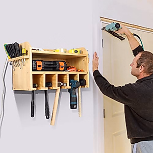 Stonehomy Power Tool Organizer Wood, Cordless Tool Organizer Drill Storage Rack Wall Mount, Drill Charging Station Power Tool Holder for Garage, Workshop, Home