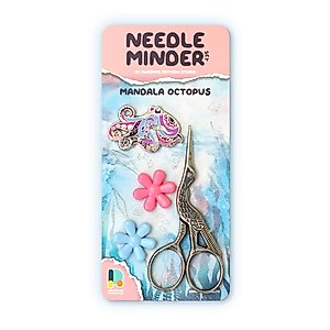 Awesome Pattern Studio Needle Minder Set - Mandala Octopus Magnetic Needle Minder + 2 Needle Threaders + Crane Scissors. Enamel Pin for Cross Stitch, Embroidery and Craft