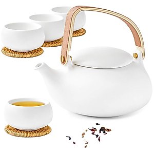 ZENS Ceramic Teapot with Infuser, Bentwood Handle Loose Leaf Japanese Tea Set, 27 Ounce Matte White Tea Pot with 4 Cups & Rattan Coasters for Women Gift